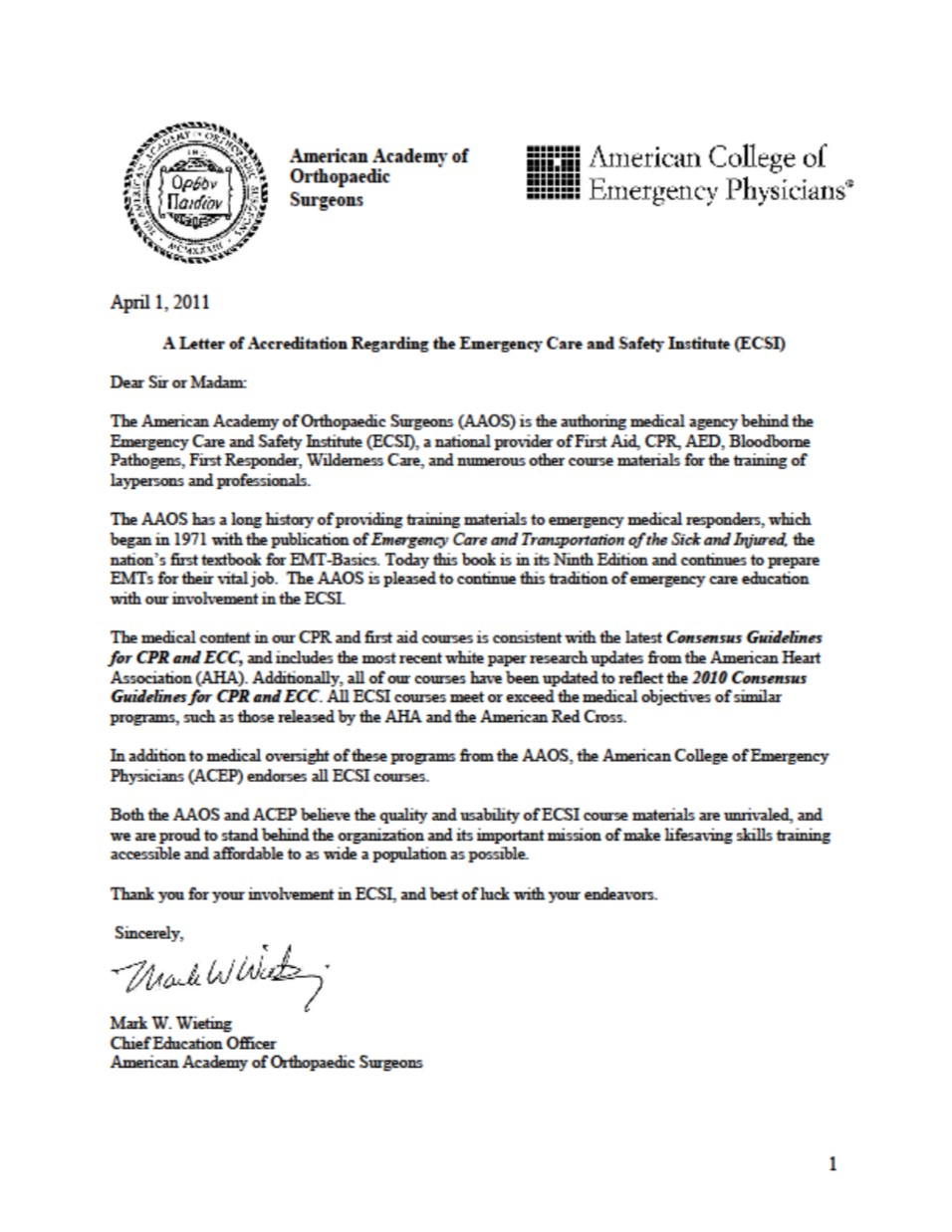 American Academy of Orthopaedic Surgeons (AAOS) Letter - AG Specialty ...
